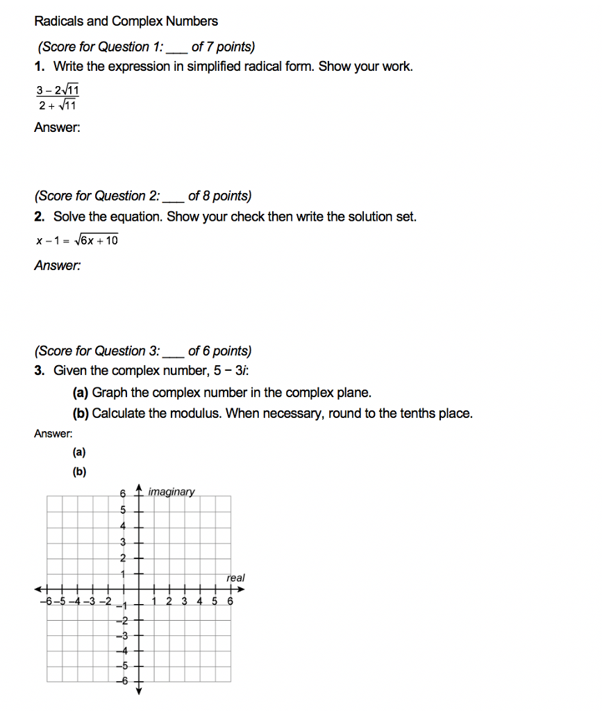 Solved Radicals and Complex Numbers (Score for Question | Chegg.com