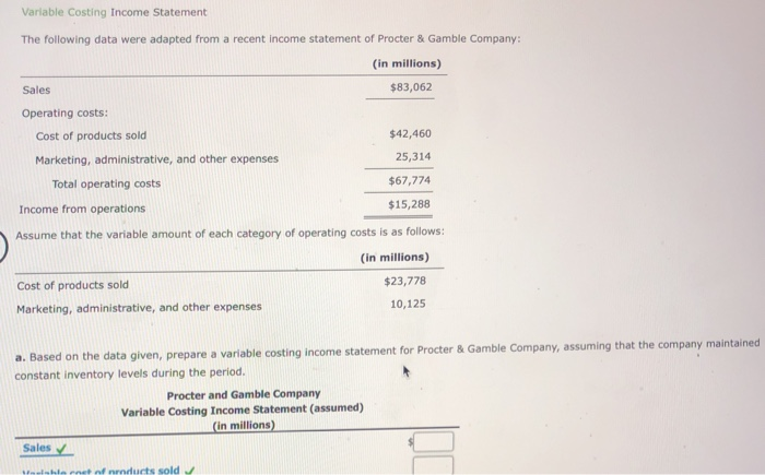 Solved Variable Costing Income Statement The following data | Chegg.com