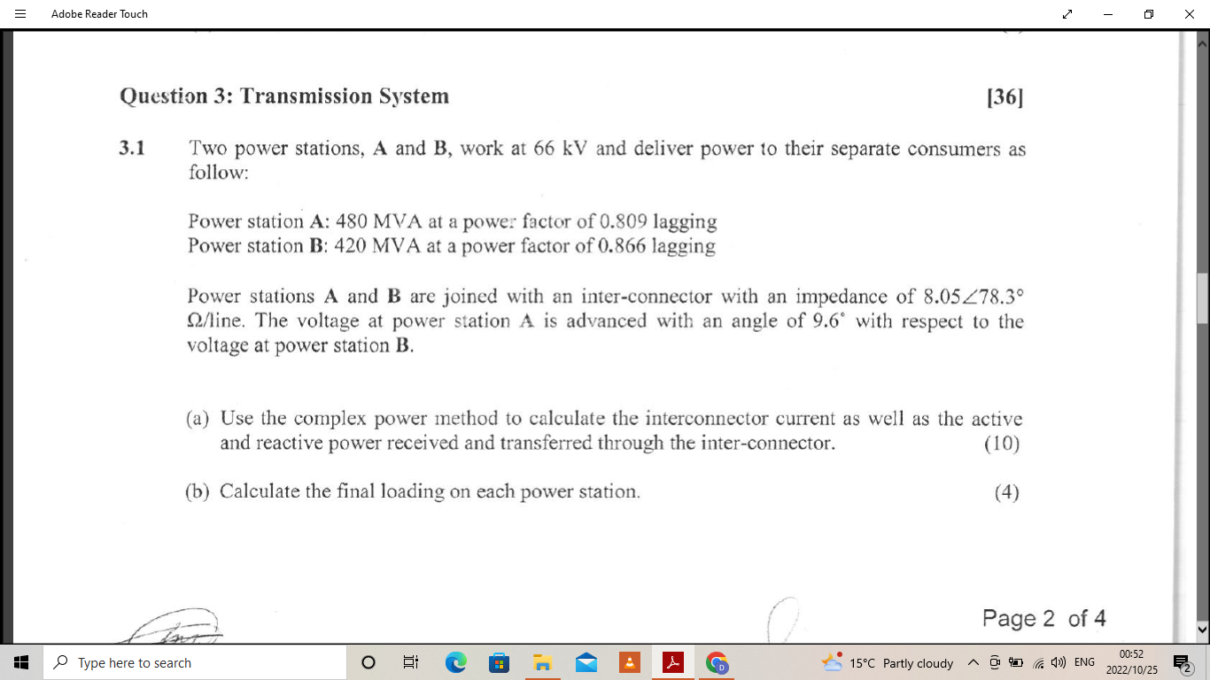 Solved 1 Two power stations, A and B, work at 66kV and | Chegg.com