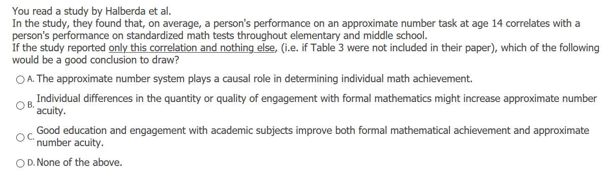 Solved You read a study by Halberda et al. In the study, | Chegg.com