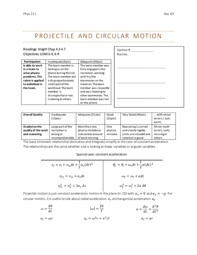 Solved Phys 211 Rec 03 PROJECTILE AND CIRCULAR MOTION | Chegg.com