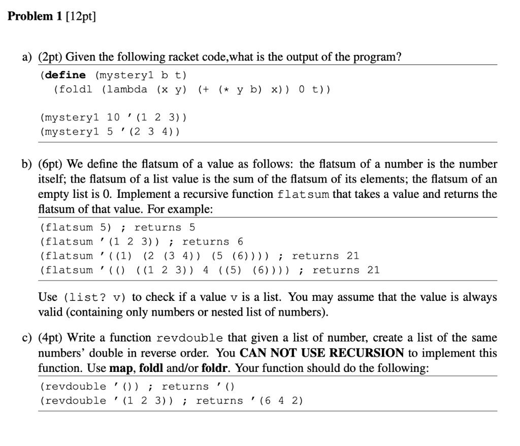 Problem 1 12pt A 2pt Given The Following Racket 5800