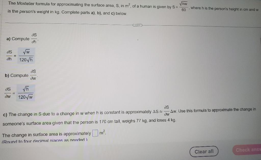 Solved The Mosteller formula for approximating the surface | Chegg.com