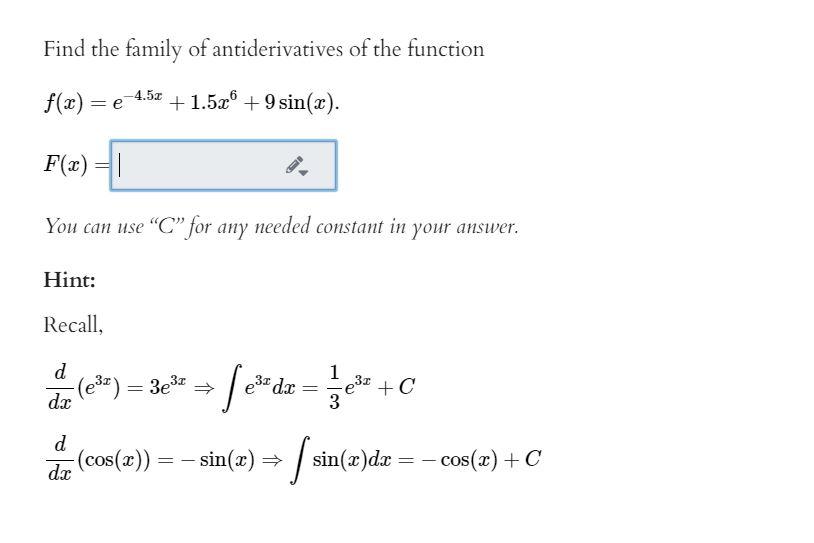 Solved Find the family of antiderivatives of the function | Chegg.com