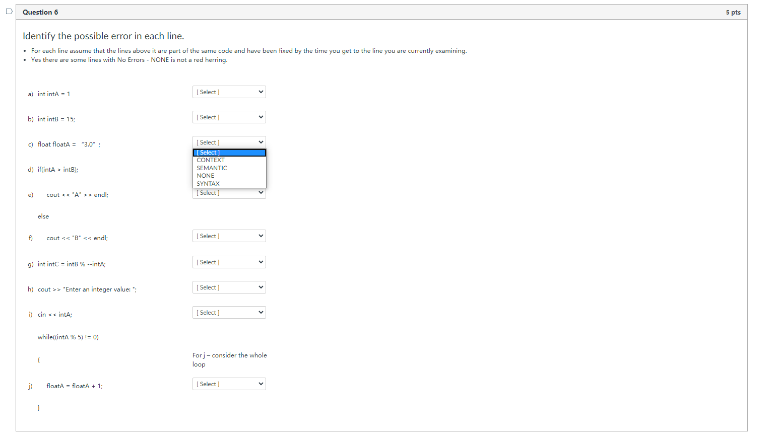 Solved Question 6 5 pts Identify the possible error in each | Chegg.com