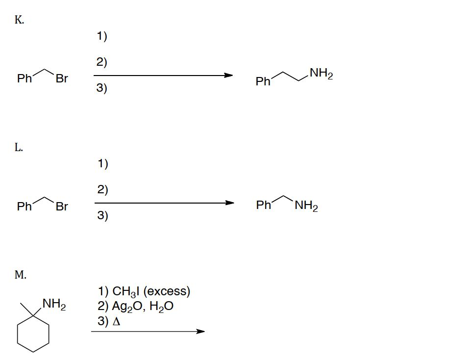 Solved K. 1) 2) Phi NH2 Br Ph 3) L. 1) 2) Ph Br Ph "NH2 M. | Chegg.com