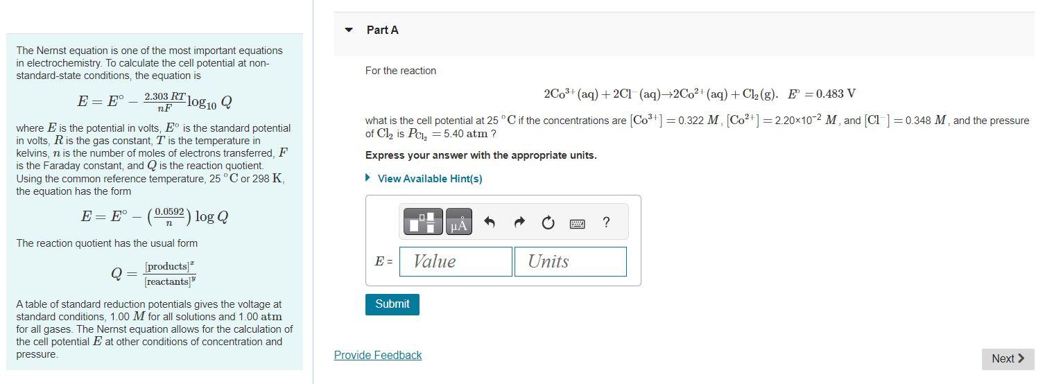 Solved The Nernst equation is one of the most important | Chegg.com