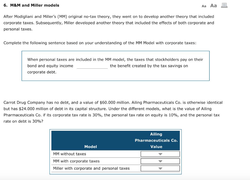 Solved 6. M&M and Miller models Aa Aa E After Modigliani and | Chegg.com