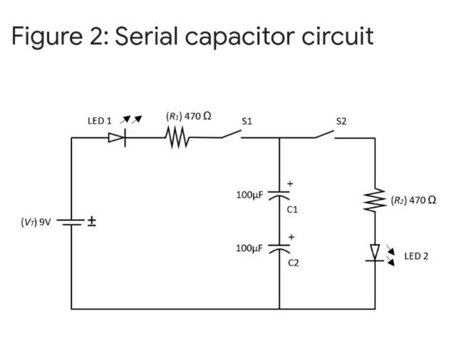 Solved Figure 2: Serial capacitor circuit LED 1 (R1) 470 S1 | Chegg.com