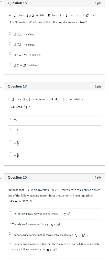 Solved Question 18 1 pts Let A bea 2 x 2 matrix. B be a 3x2 | Chegg.com