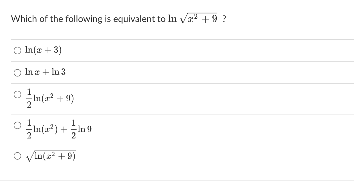 Solved Which of the following is equivalent to lnx2+9? | Chegg.com
