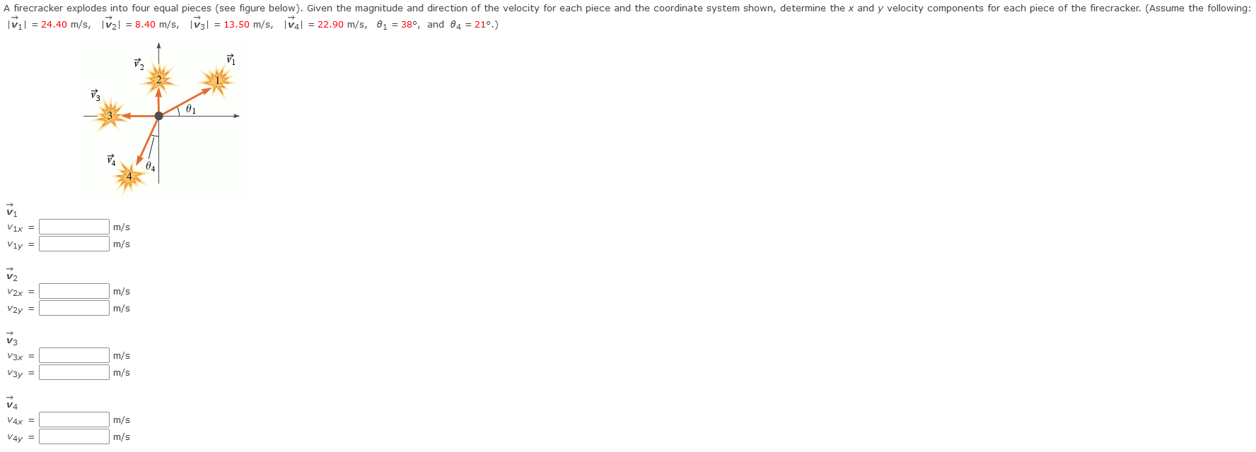 Solved A firecracker explodes into four equal pieces (see | Chegg.com