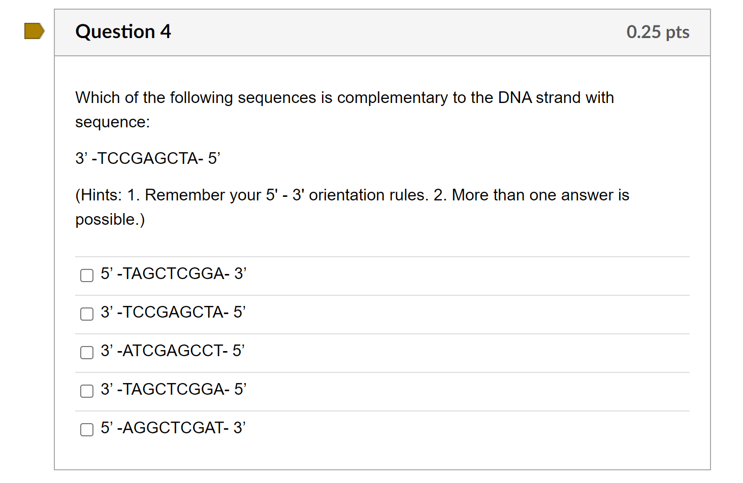 Solved Which of the following sequences is complementary to | Chegg.com