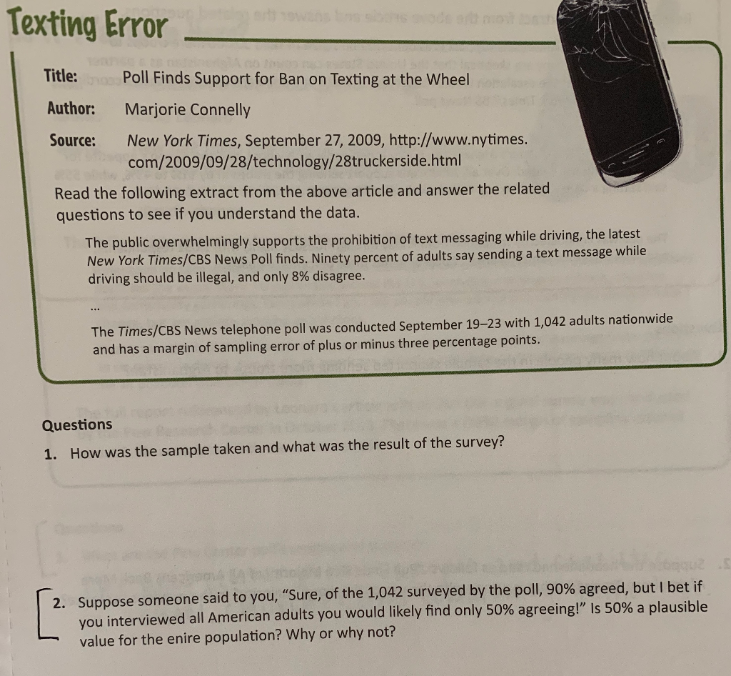 Solved Texting Error Poll Finds Support for Ban on Texting | Chegg.com
