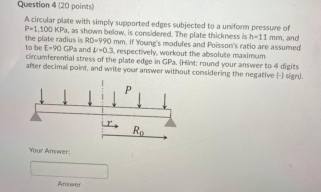 Solved Question 4 (20 points) A circular plate with simply | Chegg.com