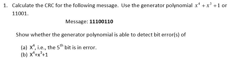 Solved 1. Calculate the CRC for the following message. Use | Chegg.com