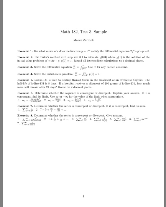 Solved Math 182, Test 3, Sample Mazen Zarrouk Exercise 1. | Chegg.com