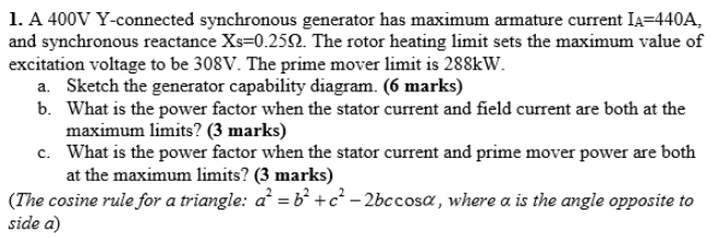 Solved 1. A 400V Y-connected synchronous generator has | Chegg.com