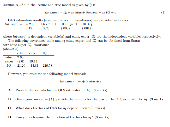 Solved Assume A1-A5 in the lecture and true model is given | Chegg.com