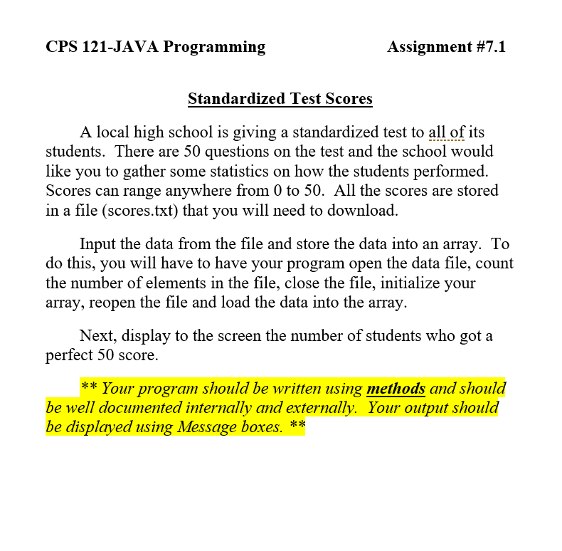 Solved CPS 121-JAVA Programming Assignment #7.1 Standardized | Chegg.com