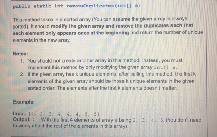 (Solved) : Public Static Int Removeduplicates Int Method Takes Sorted ... (Solved) : Public Static Int Removeduplicates Int Method Takes Sorted ...