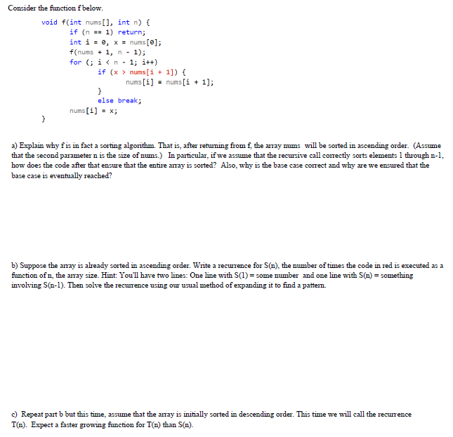 Solved Consider the function f below. void f(int nums[], int | Chegg.com