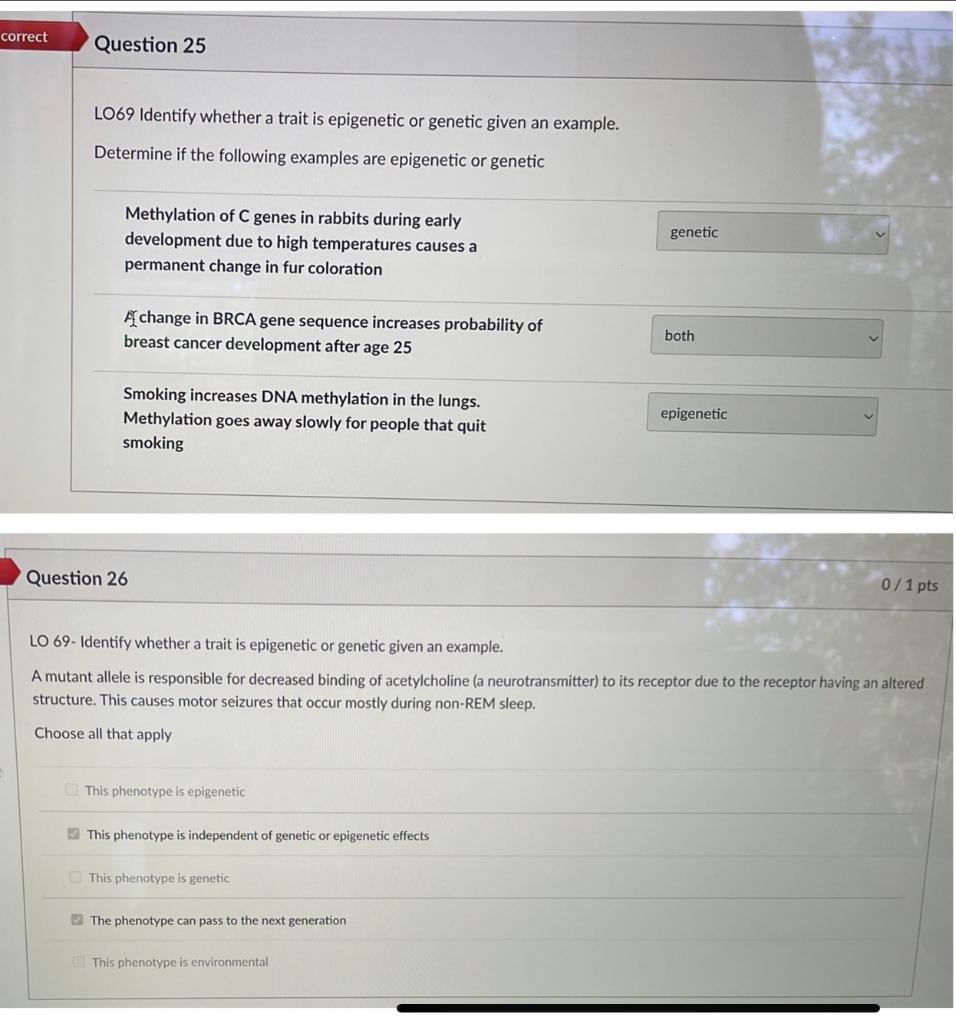 Solved LO69 Identify whether a trait is epigenetic or | Chegg.com