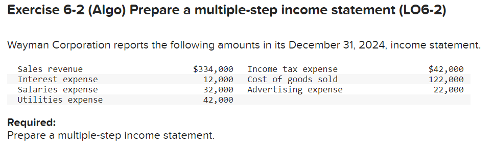 Solved Exercise 6-2 (Algo) Prepare a multiple-step income | Chegg.com