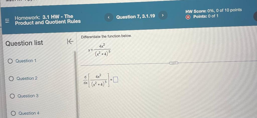 Solved Differentiate the function below. Question list | Chegg.com