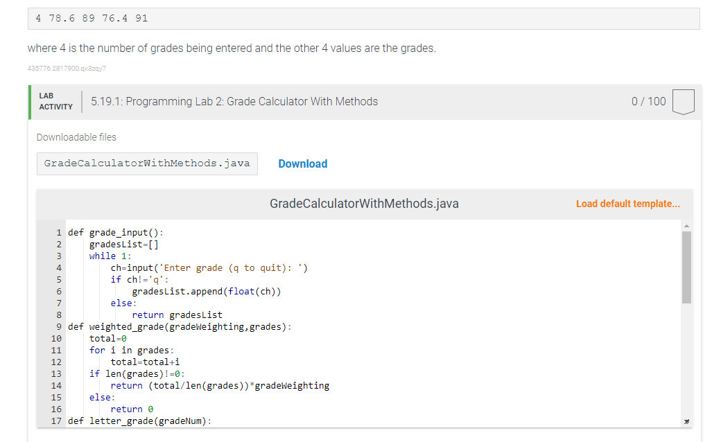 Solved 5.19 Programming Lab 2: Grade Calculator With Methods | Chegg.com