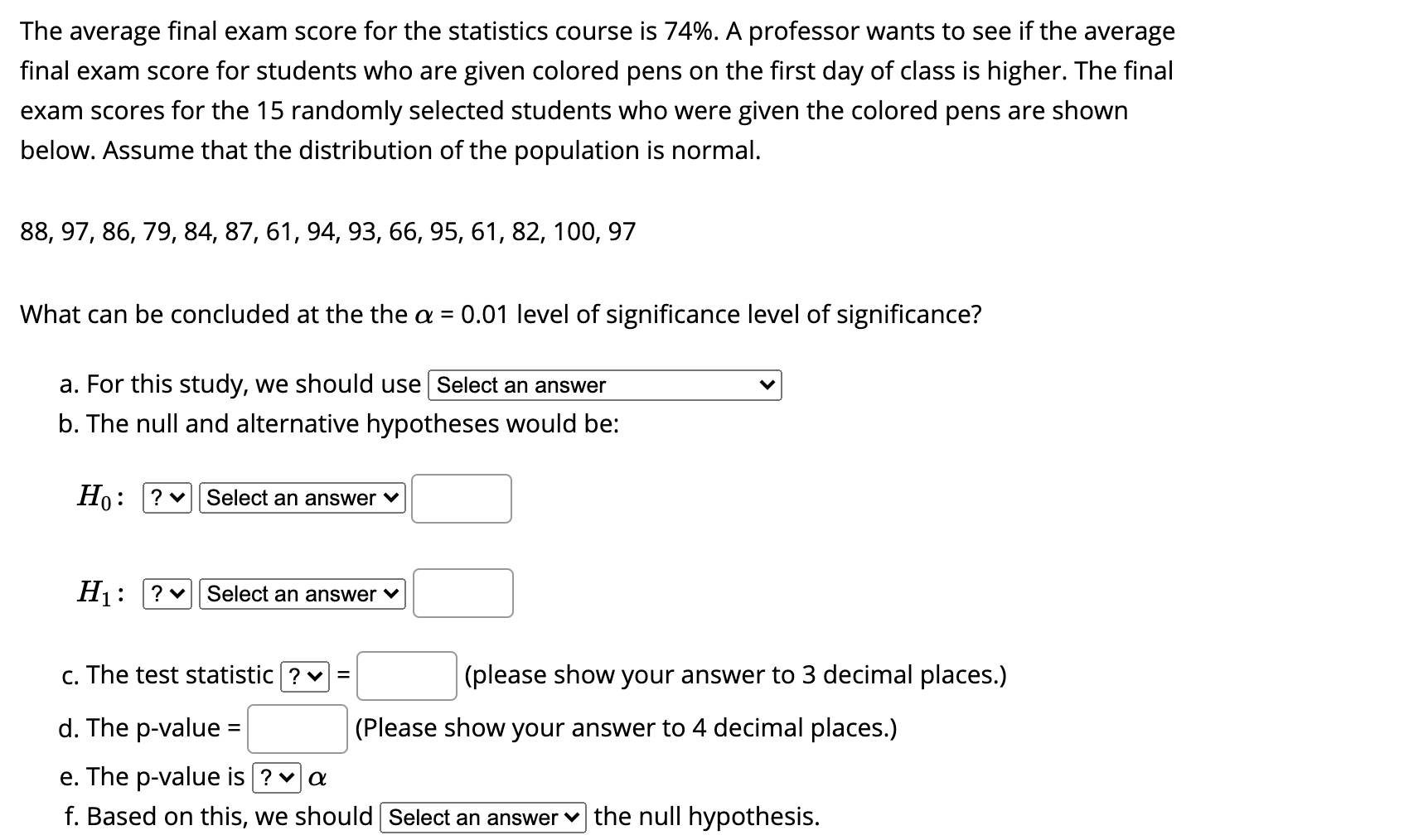 Solved The average final exam score for the statistics | Chegg.com