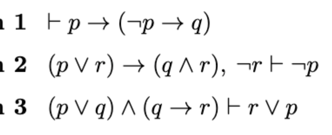 Solved 1⊢p→(¬p→q) 2(p∨r)→(q∧r),¬r⊢¬p 3(p∨q)∧(q→r)⊢r∨p | Chegg.com