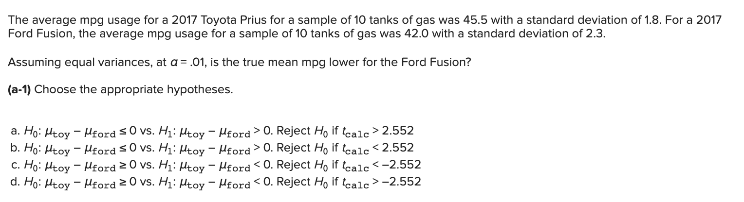 Solved The average mpg usage for a 2017 Toyota Prius for a | Chegg.com