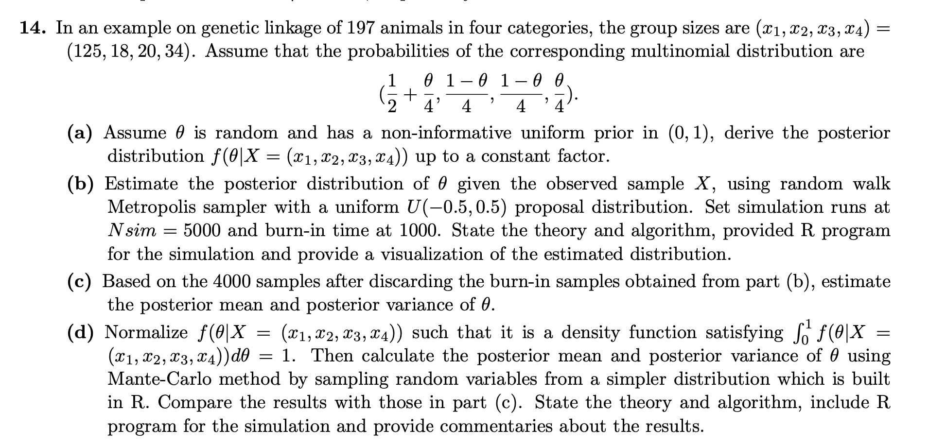 Solved 14. In an example on genetic linkage of 197 animals | Chegg.com