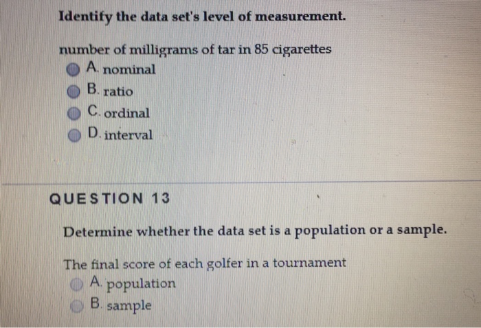 Solved Identify the data set's level of measurement number | Chegg.com