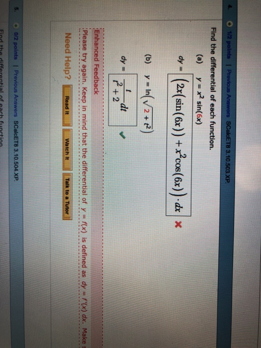 Solved Find the differential of each function. y=x2 sin(6x) | Chegg.com