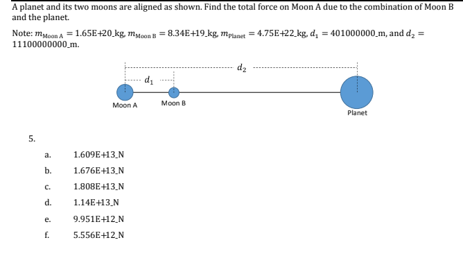Solved A planet and its two moons are aligned as shown. Find | Chegg.com