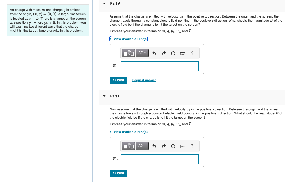 Solved An charge with mass m and charge q is emitted from | Chegg.com