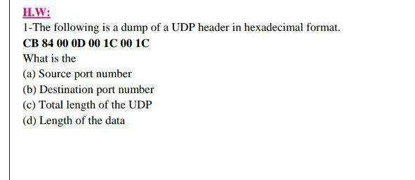 Solved H.W: 1-The following is a dump of a UDP header in | Chegg.com