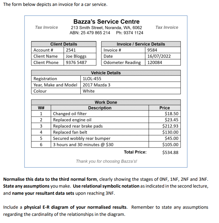 Solved The form below depicts an invoice for a car service. | Chegg.com