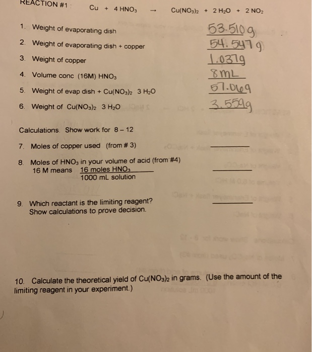 Solved #1 Cu 4 HNO, CU(NO2+2 H20 2 NO 53.510g 54.5419 10319 | Chegg.com