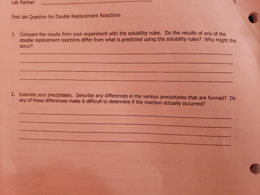 Lab Partner Post lab Question for Double Replacement | Chegg.com