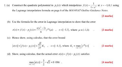 Solved 1 1. (a) Construct the quadratic polynomial in p.(x) | Chegg.com