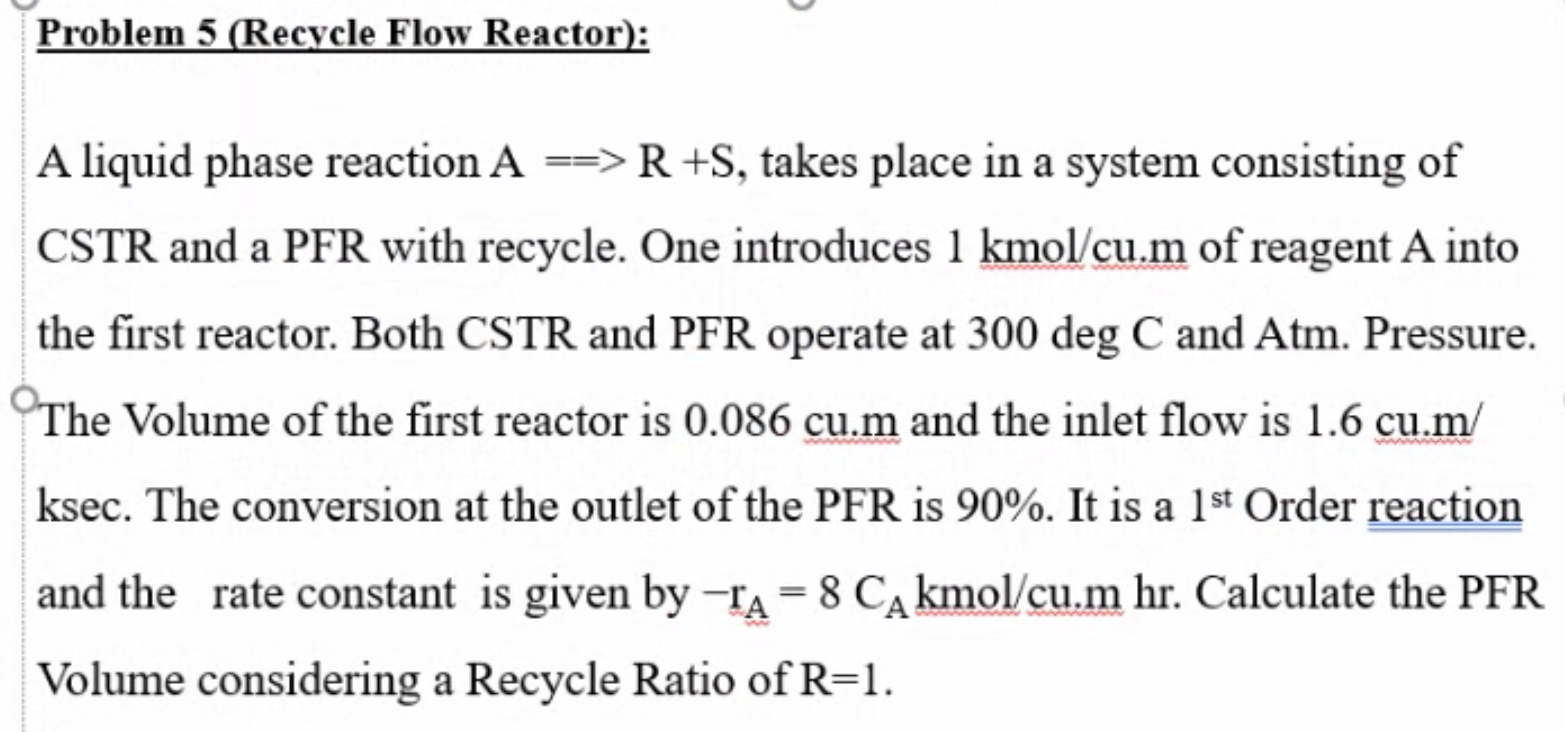 Solved Problem 5 (Recycle Flow Reactor): A liquid phase | Chegg.com