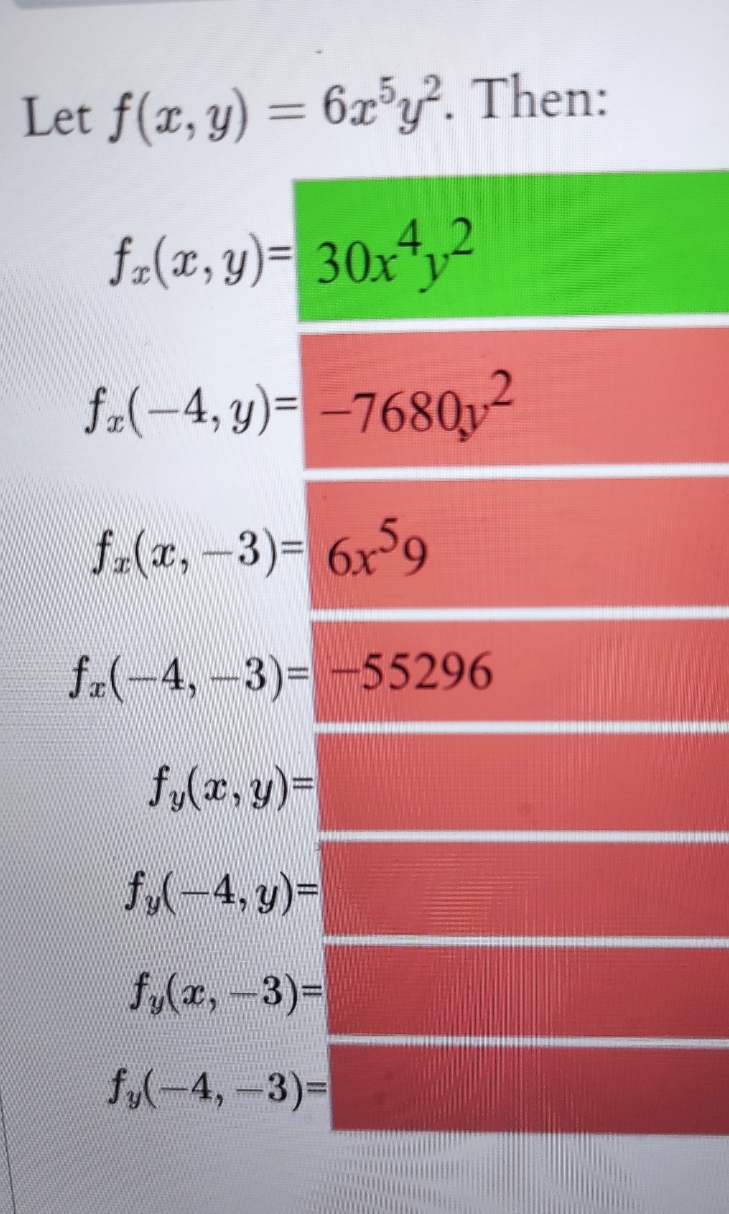 Solved f(x,y)=6x5y2fx(x,y)=30x4y2fx(−4,y)=−7680y2fx(x,−3)=6x | Chegg.com Solved f(x,y)=6x5y2fx(x,y)=30x4y2fx(−4,y)=−7680y2fx(x,−3)=6x | Chegg.com