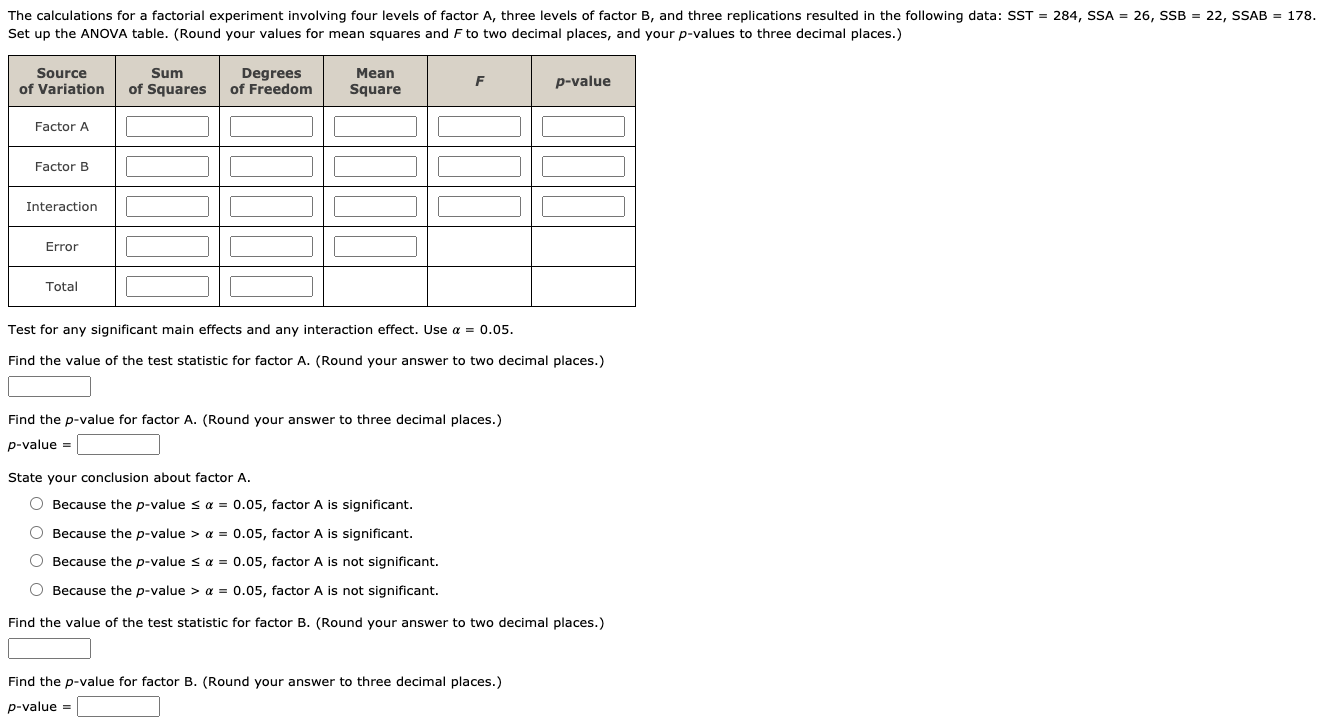 Solved The calculations for a factorial experiment involving | Chegg.com