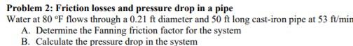 Solved Problem 2: Friction losses and pressure drop in a | Chegg.com