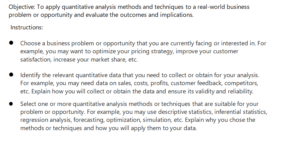 Solved Objective: To apply quantitative analysis methods and | Chegg.com