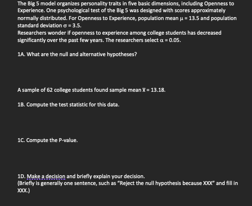 Solved The Big 5 model organizes personality traits in five | Chegg.com