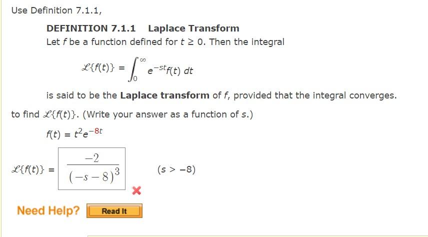 Solved DEFINITION 7.1.1 Laplace Transform Let f be a | Chegg.com
